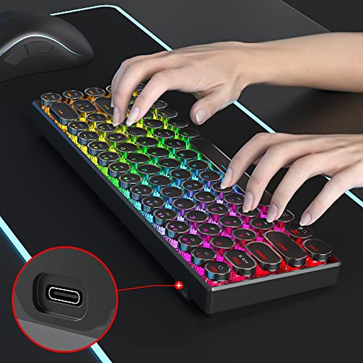 Ussixchare Retro Typewriter Mechanical Keyboard 60 Percent Gaming Keyboard RGB Backlit 68 Keys Punk Keyboard Wired with Blue Switch, Round Keycaps for Windows/Mac/PS4/PS5/Xbox