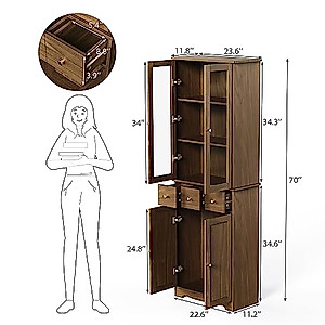 Display Cabinet with Glass Doors and Adjustable Shelves,3-Tier Home Office Bookshelf with Storage Drawers, Freestanding Storage Cabinet for Office Bedroom Dining Living Room（Natural Wood）