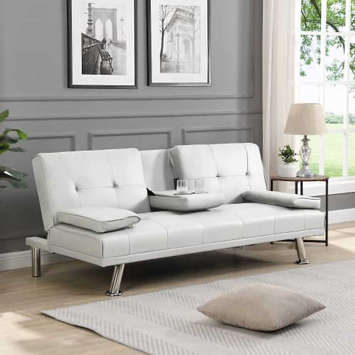anwickjeff Convertible Folding Futon Sofa Bed with Metal Legs & 2 Cupholders, Modern Faux Leather Upholstered Couch Loveseat Sleeper, Folding Couches Bed, Removable Armrests for Small Spaces (White)