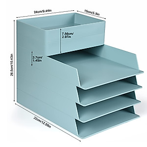 4 Tier Stackable Letter Tray File Organizer, Desktop Document File Tray Paper Sorter Organizer, Blue A4 Paper Organizer Tray for Home, Office, School