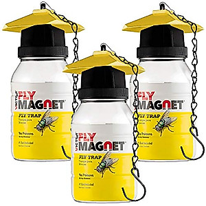[Set of 3] Reusable Outdoor Fly Traps 32 oz - Fly Magnet Bait Trap - Made in USA - Bundled with 3 Bait Refills and 3 Hanging Chains
