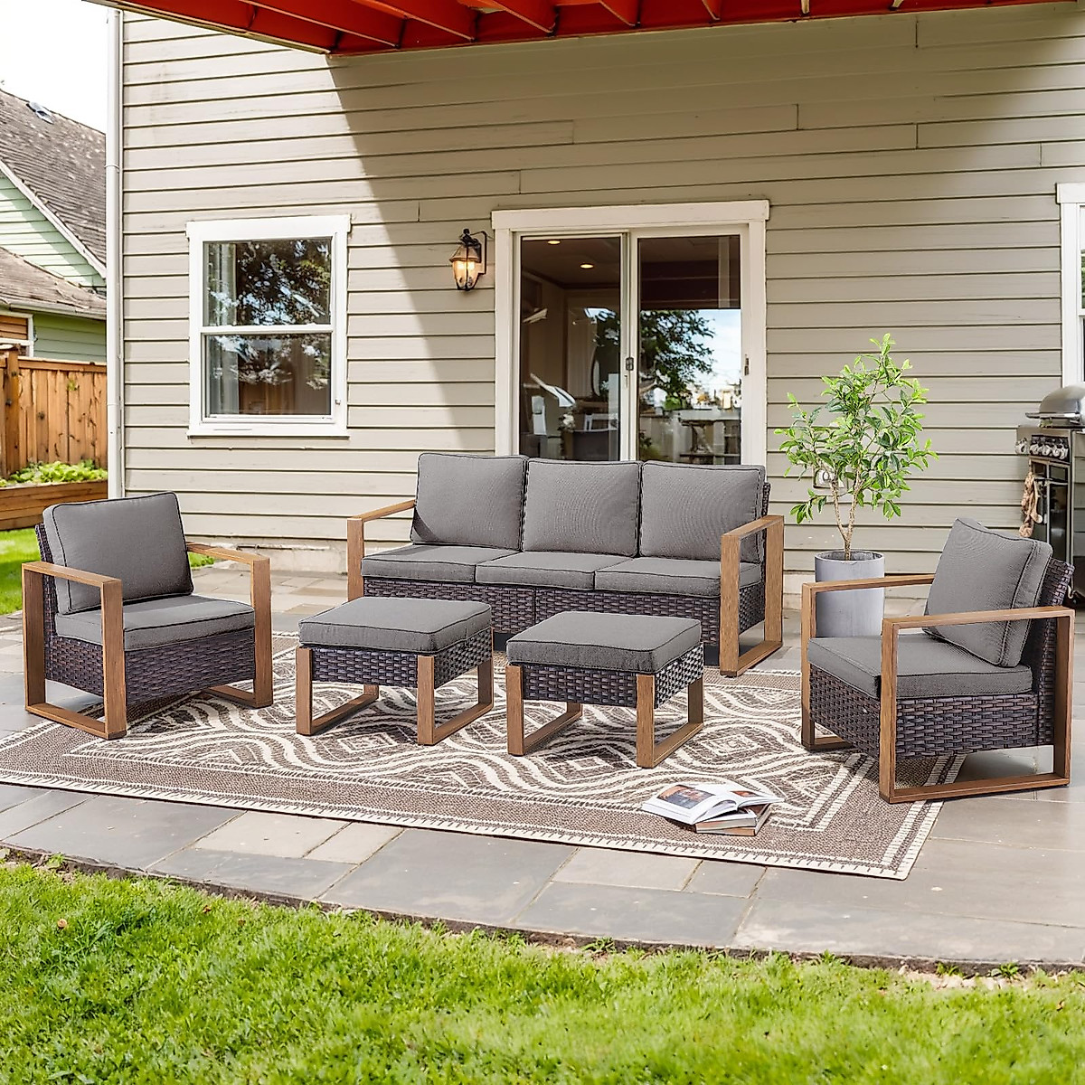 Belord 5 Piece Outdoor Wicker Patio Conversation Furniture Set Deep Seating, Metal Wide Armrests Patio Sofa Set with Rattan Chairs Ottomans for Porch Deck Sunroom Backyard