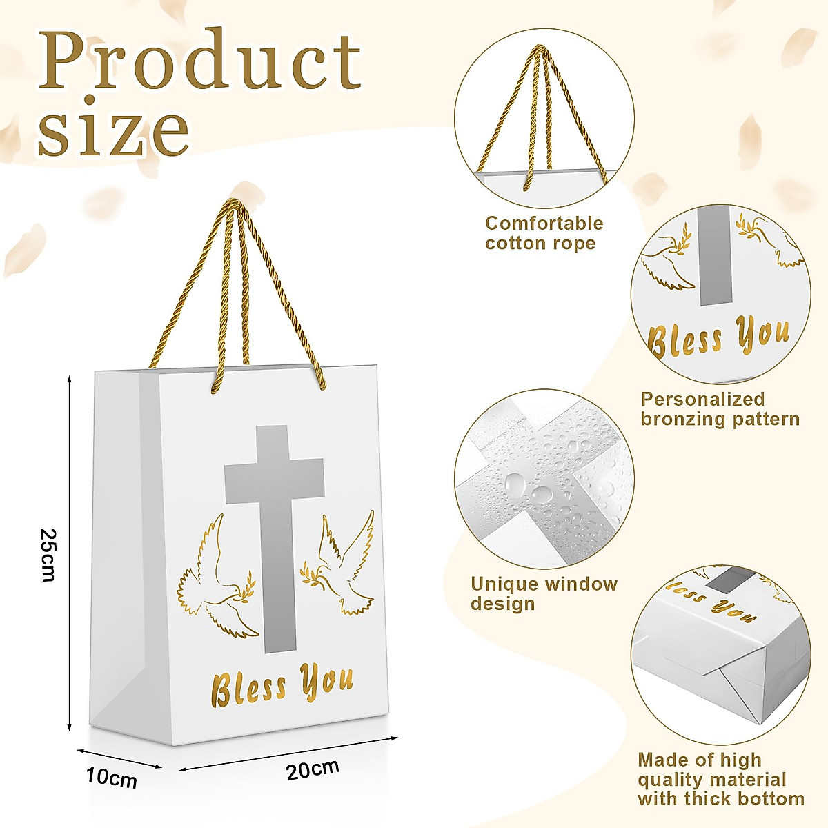 Fulmoon 50 Pack 10 Inch White Cross Gift Bag Bulk Church God Bless Bags with Handles Religious Baptism Gift Favors for First Communions Confirmation Weddings Clergy Day Easter Christenings