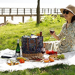 WILLOW WEAVE Portable Picnic Basket Set with Service for 2, Sturdy Woven Base & Canvas Picnic Beach Tote Bag with Drawstring Closure & Insulated Lining, for Outdoor Events, Shopping - Blue Floral