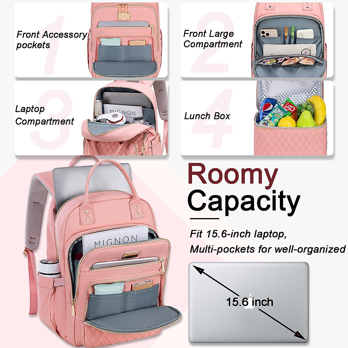 Weitars Lunch Backpack for Women,15.6 Inch Laptop Backpack Travel Backpack for Women,Work Backpack,Teacher Nurse Backpack Insulated Lunchbox Backpack