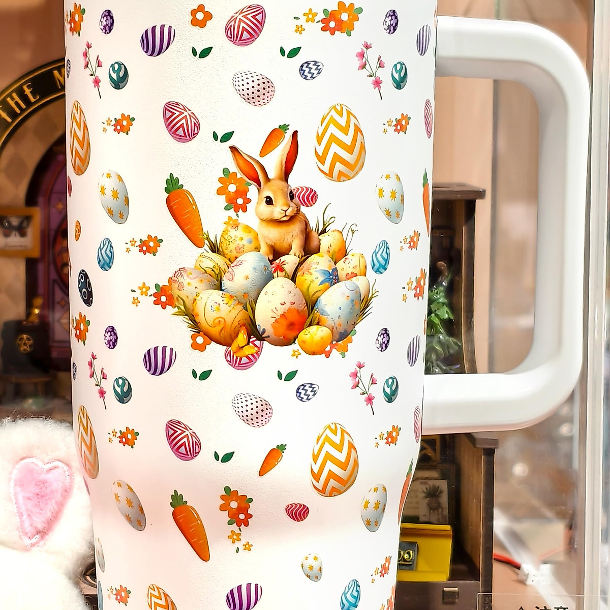 winiwo 40 oz Easter Tumbler with Handle and Straw, Easter Gifts for Kids, Rabbits Lover, Bunny Insulated Tumbler for Hiding Candy Chocolate Eggs, Stainless Steel, Available Gift Wrapping (White)
