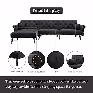 KoiHome Sectional Sofa Right Hand Facing Velvet Button Tufted, L Shape Chaise with Nail Head Detail, Modern 4 Seat Cushion & Wood Leg, 2 Pillows, Couch for Living Room,Office, Black