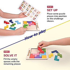 Coogam Wooden Puzzle Pattern Blocks Brain Teasers Game with 60 Challenges, 3D Russian Building Toy Wood Tangram Shape Jigsaw Puzzles Montessori STEM Educational Toys Gift for Kids Adults