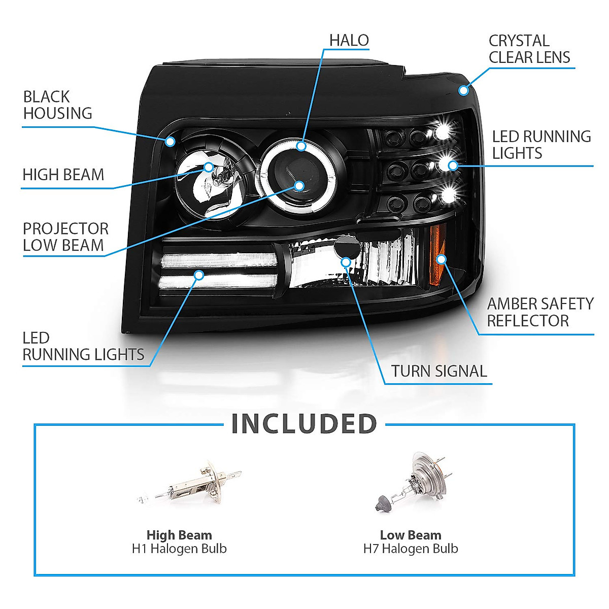 AmeriLite LED Halo Bar Projector Replacement Halogen Car Headlights Set For Ford F-150/F250/F350/Bronco - Passenger Right and Driver Left Side, Vehicle Light Assembly, Black