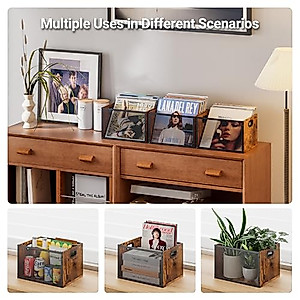 Dunatou Album Storage Box - Rustic Brown Wooden Record Crate Organizer with Handle