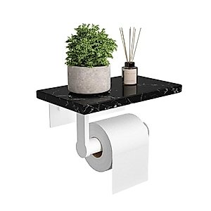 Toilet Paper Holder with Shelf，Wall Mounted Black Toilet Paper Holder，Marble Tissue Roll Holder for Bathroom Washroom(Middle 7.87 * 4.72 in)