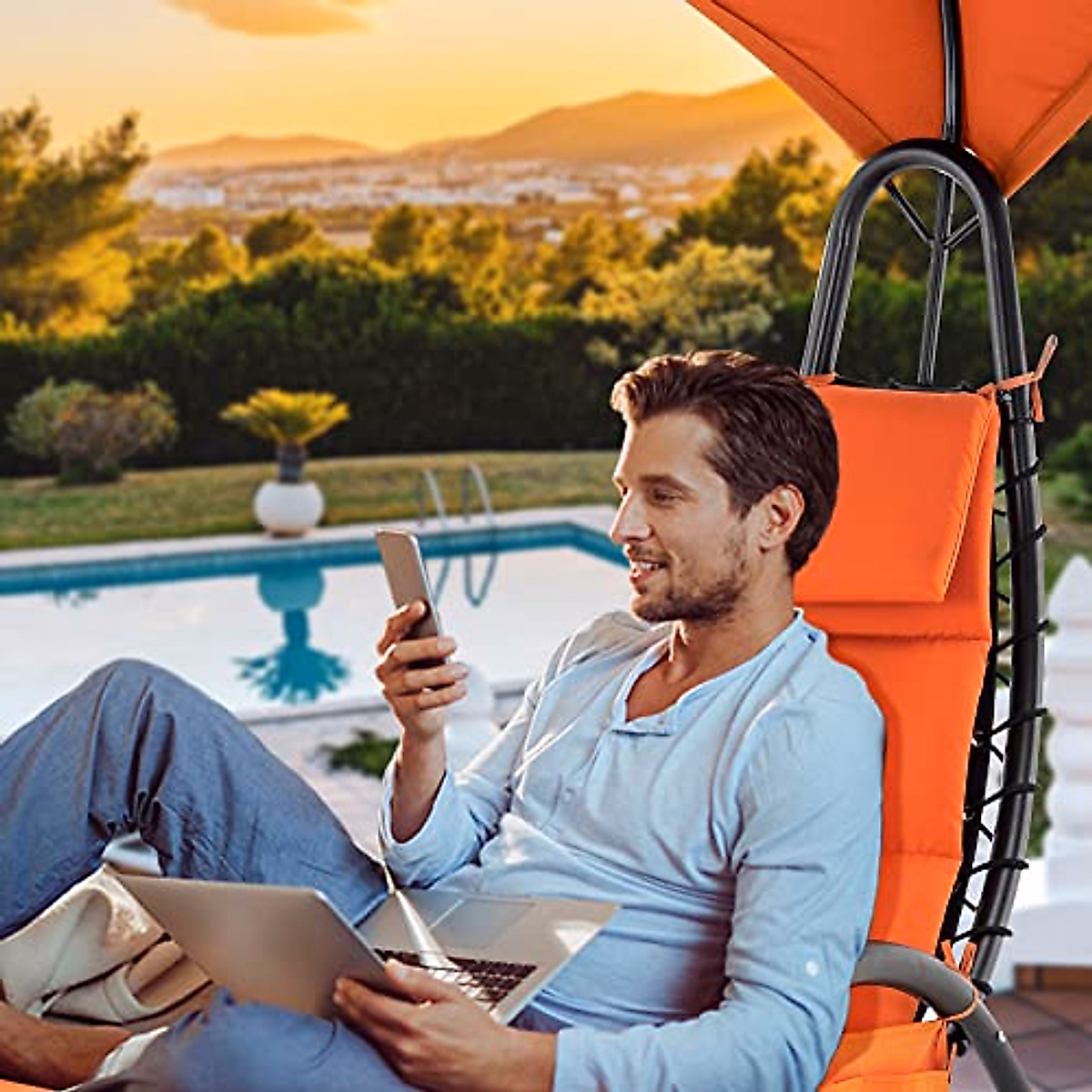 MCombo Outdoor Steel Chaise Lounge Chair with Removable Canopy and Cushions, Reclining Chair w/Side Pocket Arc Stand, for Beach Poolside Backyard Balcony Porch, 4097 (Orange)