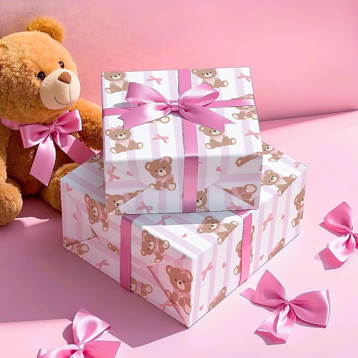 WRAPAHOLIC Baby Shower Wrapping Paper Roll - Mini Roll - 3 Rolls - 17 Inch X 120 Inch Per Roll - Butterfly Girl, Little Bear, Moon, Stripe Design for Kids