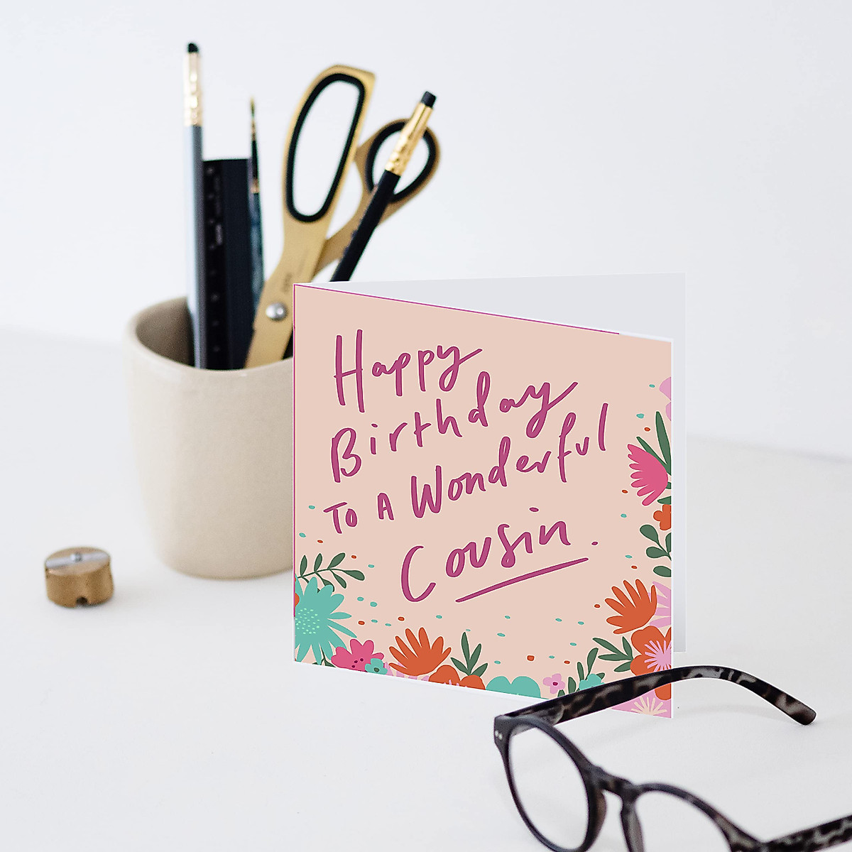Old English Co. Happy Birthday Wonderul Cousin Card - Square Birthday Woman Wishes Card | Suitable for Cousins| Blank Inside & Envelope Included
