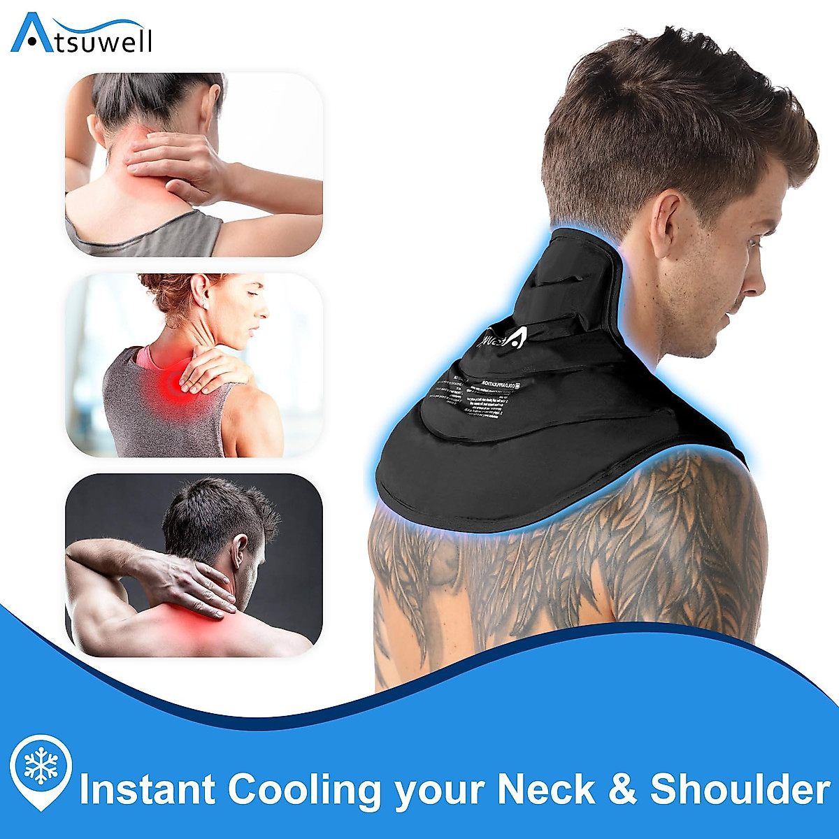 Atsuwell Neck Ice Pack Wrap, Reusable Gel Ice Pack Neck Shoulders, Cold Wrap for Upper Back Cold Compression, Flexible Necks Shoulder Gel Pad for Men Women, Black
