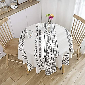 ArtBud White Black Cotton Linen Table Cloths Boho Farmhouse Heavy Fabric Table Cover Burlap Striped Geometric Washable Table Top for Parties Coffee Kitchen Picnic Round 60 inch(4-6 Seats)
