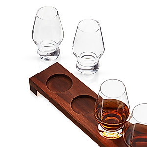 Viski Spirit Tasting Flight Kit, Crystal Liquor Glasses with Wooden Serving Tray for Whiskey, Brandy, Set of 4 8 oz. Footed Scotch Tumblers, 1 Board, Set of 5, Clear