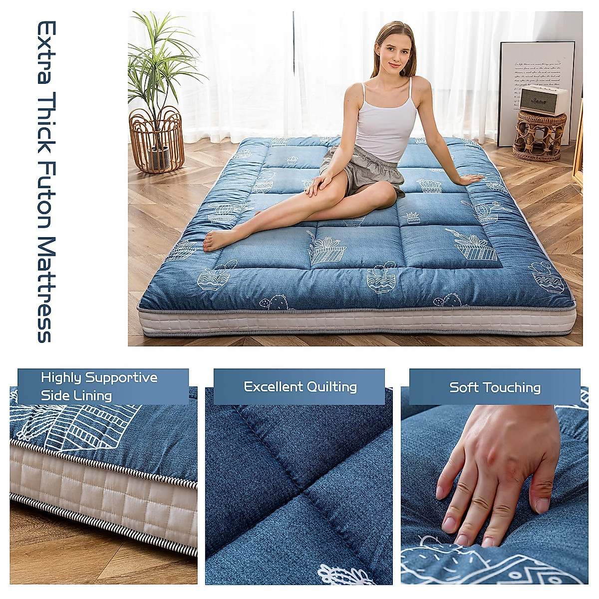 MAXYOYO Futon Mattress, Grey Cactus Pattern Japanese Floor Mattress Queen Size, Quilted Bed Mattress Tatami Mattress, Extra Thick Folding Sleeping Pad Breathable Guest Bed for Camping Couch