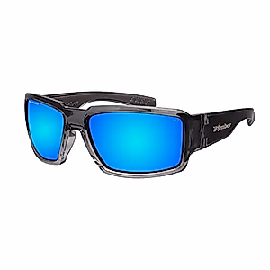 BOMBER Polarized Sunglasses for Men, 2 Tone Crystal Smoke Frame with Ice Blue Mirror Polarized Safety Lens z87 Compliant, UV Protection for Safety Glasses - BG114ICE