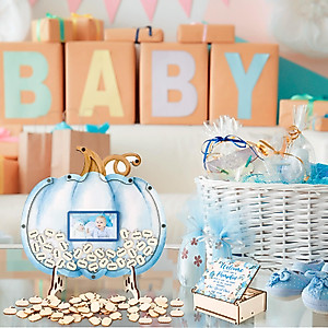 YLOLUL Blue Pumpkin Baby Shower Guest Book Alternatives Set with 62 Pcs Fall Baby Shower Guestbook with Photo Frame Rustic Guest Book Alternative for Baby Boy Birthday Party(Blue)