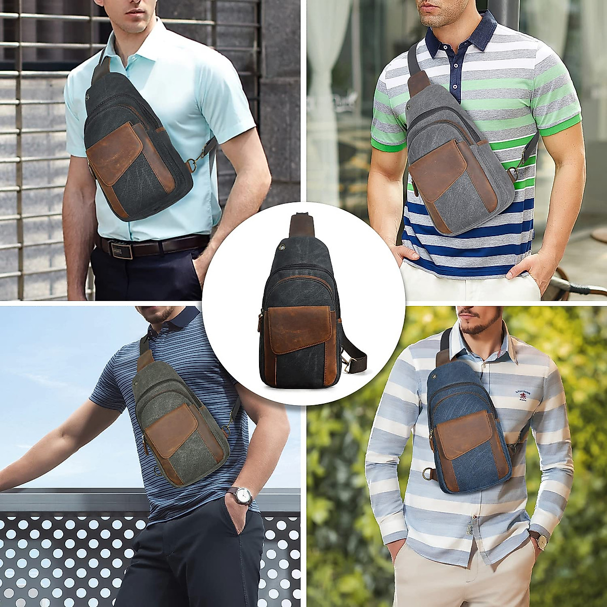 Handadsume Water Resistant Canvas + Leather Hiking Travel One Shoulder DayPack Backpack Sling Crossbody For Men Women FB8013 (Black)