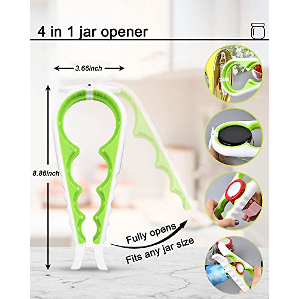 4 Pack Jar Opener for Weak Hands,Jar Opener for Seniors with Arthritis，with 5 in 1 Bottle Opener, 4 in 1 Can Opener, Jar Gripper Pad and Bottle Opener Keychain (White green)