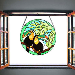 Bieye W10070 Pair of Toucans in The Swiss Cheese Plant Tiffany Style Stained Glass Window Panel, Round Shape, 16 inches Wide