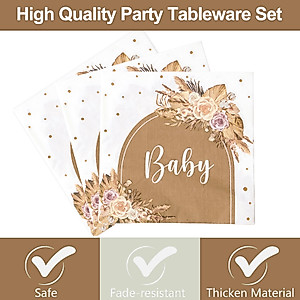 Boho Baby Shower Decorations Plates and Napkins Tableware for 24 Guests, Pampas Grass Floral Paper Plates Cups Design for Neutral Baby Shower Girl Boy Boho Party Supplies