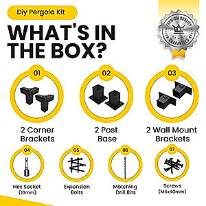 EZ Shades – Wall Mount Kit for 4x4 Lumber, Durable and Modern Pergola Kit with Corner Brackets, Wall Mount Brackets and Post Bases, Easy to Install, Bolts and Screws are Included, Black (EZWMG2)