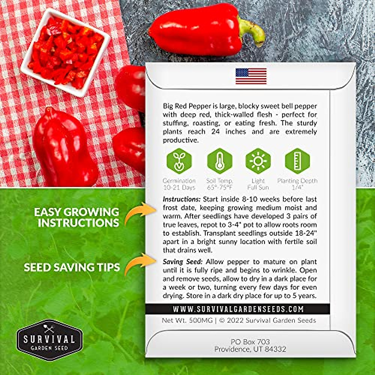 Survival Garden Seeds - Big Red Pepper Seed for Planting - Packet with Instructions to Plant and Grow Delicious Sweet Red Bell Peppers in Your Home Vegetable Garden - Non-GMO Heirloom Variety