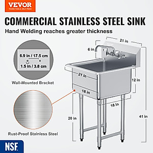 VEVOR Stainless Steel Prep & Utility Sink, 1 Compartment Free Standing Small Sink Include Faucet & legs, 21"x41" Commercial Single Bowl Sinks for Garage, Restaurant, Kitchen, Laundry, NSF Certified