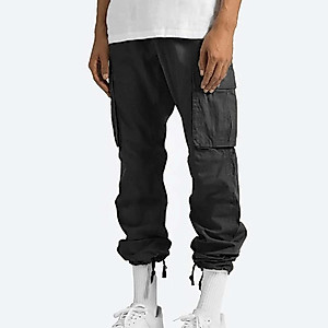 Pull On Pants for Men, Jogger Sweatpants Men Mens Sweatpants Joggers Lined Pants Winter Men's Overalls Drawstring Multi Pocket Casual Pants Hiking Cotton Twill Combat Pants (XL, Black)