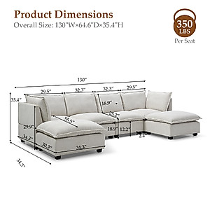 Cloud Couch Sectional Couches for Living Room U Shaped, 130" Beige Convertible Sofa Bed, Modular Sectional Sleeper Sofa with Ottomans, 6 Seat Deep Seat Lounge Sofa with Chaise for Office