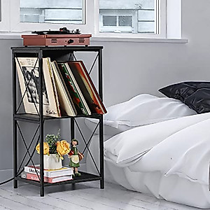 YBING Record Player Stand Record Player Table with Charging Station 3-Tier End Table with Storage Vinyl Record Storage Stand with Divider Nightstand for Living Room Bedroom Office, Black