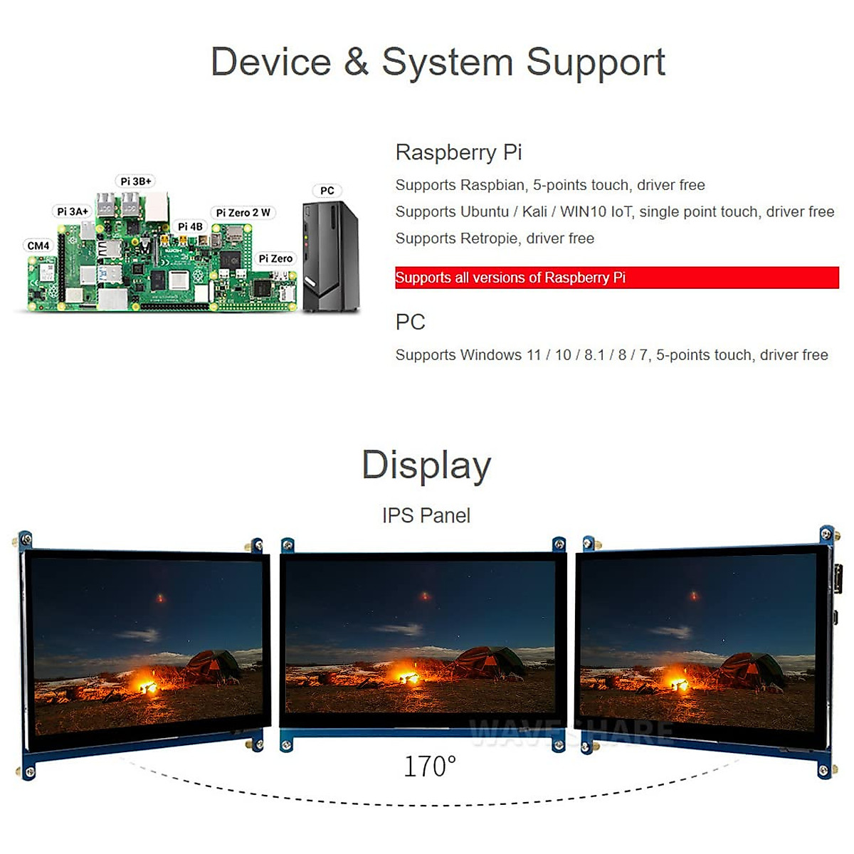 waveshare [Latest Version] Raspberry Pi 4 Display 7inch Capacitive Touch Screen LCD Monitor for Raspberry Pi 400 4 3 Model B Supports All Versions of Raspberry Pi Windows Capacitive