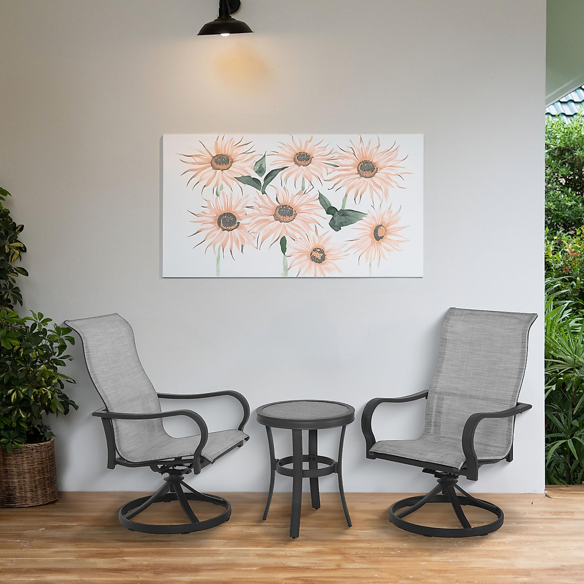 Four Seasons Courtyard Palermo 3 Piece Aluminum Bistro Furniture Set with Swivel Rockers and Drop in Tile Table for Outdoor Backyard Lawns and Patios