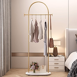 KADIGANG Gold Clothing Rack, Modern Clothes Rack with Shelf, Heavy Duty Freestanding Coat Rack, Metal Coat Hanger Stand with Hooks for Boutique Office