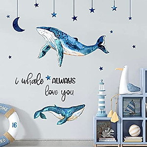 Yovkky Blue I Whale Always Love You Wall Decals Stickers, Peel and Stick Neutral Sea Ocean Animal Moon Stars Nursery Decor, Colorful Bedroom Home Decorations Kids Baby Boys Girls Playroom Art Gifts