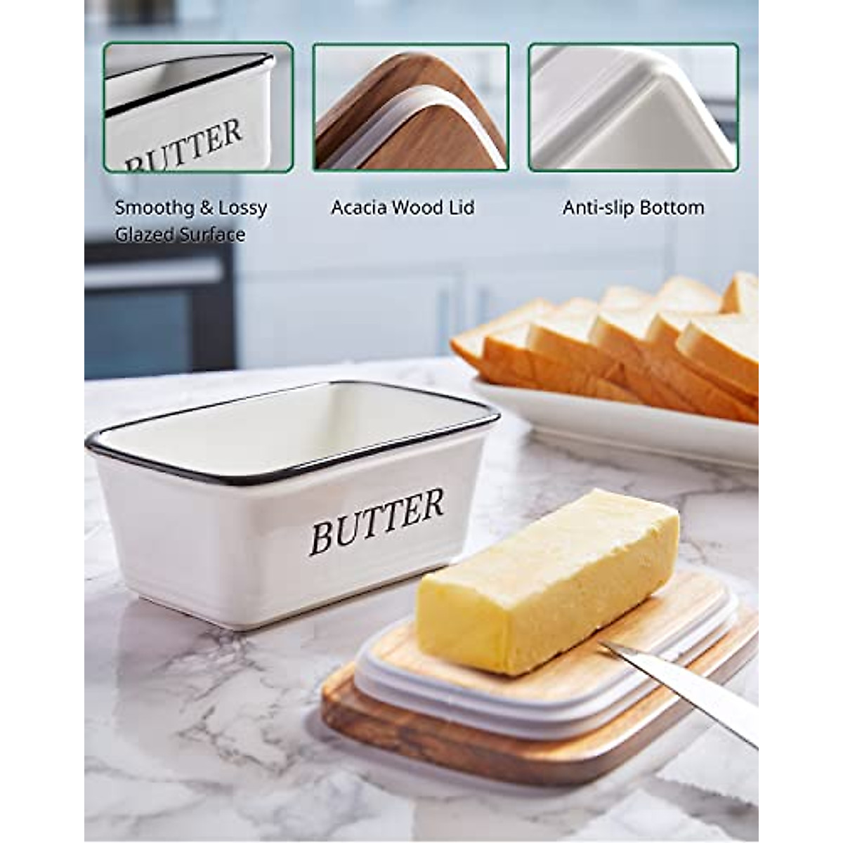 Butter Dish with Lid for Countertop - Large Ceramic Butter Container Holder with Acacia Wooden Lid for Counter - For Modern Kitchen Decor and Accessories - White