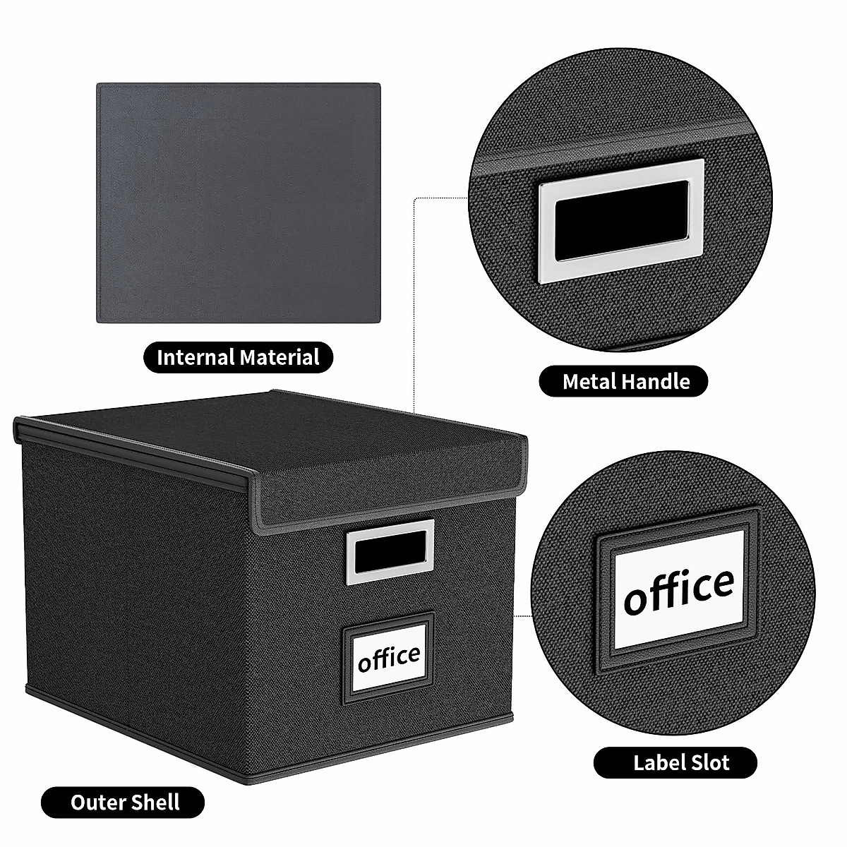Huolewa Upgraded Portable File Organizer Box, Large Linen Hanging Office Document Storage Box with Lid - Black, Collapsible Filing & Storage Boxes for Office/Decor/Home - 14.9 x 12.59 x 10.8 inch