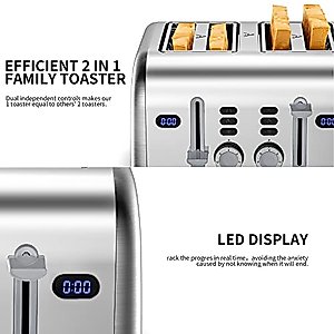 Toaster 4 Slice, REDMOND Stainless Steel Retro Toaster with LED Countdown Timer and Removable Crumb Tray, Dual Control Panel, Reheat Defrost Cancel Function, High Lift Lever, Silver