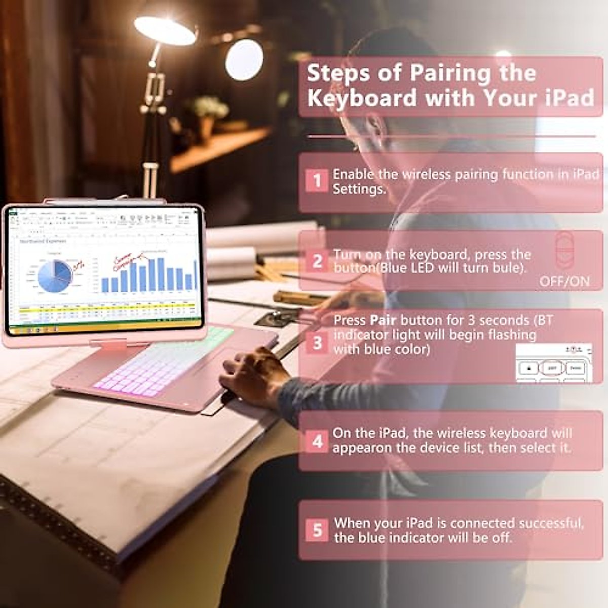Keyboard Case for iPad Air 13 inch (M2) 2024, Touch iPad 12.9 inch 4th 3rd Generation Case with Keyboard 2020/2018,7 Colors Backlits Keyboard with Trackpad,Magic 360° Rotatable,Pencil Holder-Rose Gold