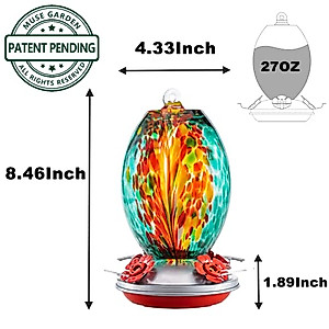 Muse Garden Hummingbird Feeders for Outdoors Hanging, Blown Glass Hummingbird Feeder, Hummingbird Gifts for Mom, Garden Backyard Decor, Unique Gifts Idea for Women Mothers Day, 27OZ, Emerald Peacock