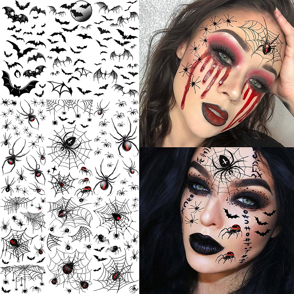VANTATY 9 Sheets Halloween Spider Web Face Tattoo Stickers, Bat Half Arm Temporary Tattoo Sleeve For Women Men Adults Kids, Scary Spiderweb Witch Makeup for Halloween Face Tattoo, Fake Chucky Zombie Makeup Kit