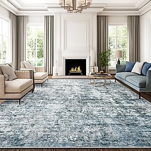 Soalmost Abstract Rug 8x10 Large Living Room Rugs Neutral Modern Washable Area Rugs for Bedroom Dining Room Non-Slip Stain Resistant Foldable Thin Rug Blue
