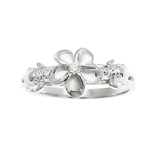 Arthur's Jewelry Sterling silver 925 Hawaiian plumeria flower cz 2 turtle ring rhodium plated size 7.5