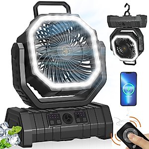 Portable Camping Fan Rechargeable with LED Lantern, 20000mAh Battery Powered Travel Fan with 1-8 Hour Timing Function, 270° Head Rotation, 4 Speeds Settings for Tents, Office, Desk, Camp and Fishing