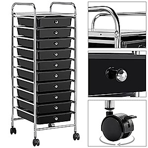Topeakmart Plastic Trolley with 10 Drawers Rolling Cart Organizer Utility Cart Storage Bin Organizer on Wheels, Black