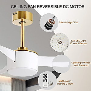 Fanliving 52 Inch Ceiling Fan with Lights Remote Control, Indoor Modern Ceiling Fan with High CFM Quiet DC Motor, 3 Blade White Gold Ceiling Fan for Bedroom Living & Dining Room