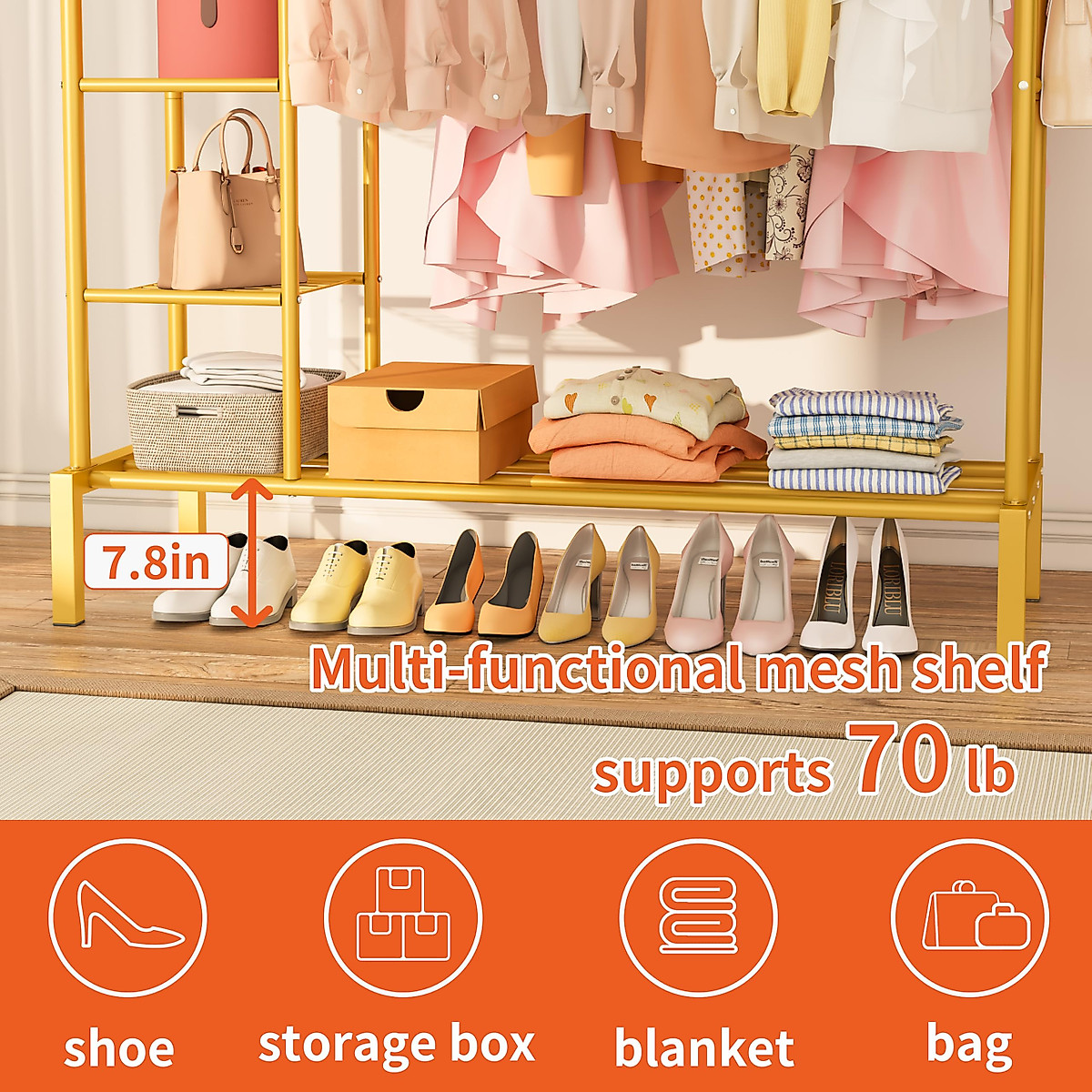 JOISCOPE 47'' * 65'' Heavy Duty Clothes Rack, Double Rods Clothing Racks for Hanging Clothes, Garment Rack with 4 Tier Closet Shelves & 4 Hooks for Clothing Storage, Metal Gold Clothing Rack